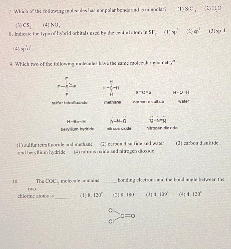 Solved 7. Which of the following molecules has nonpolar | Chegg.com