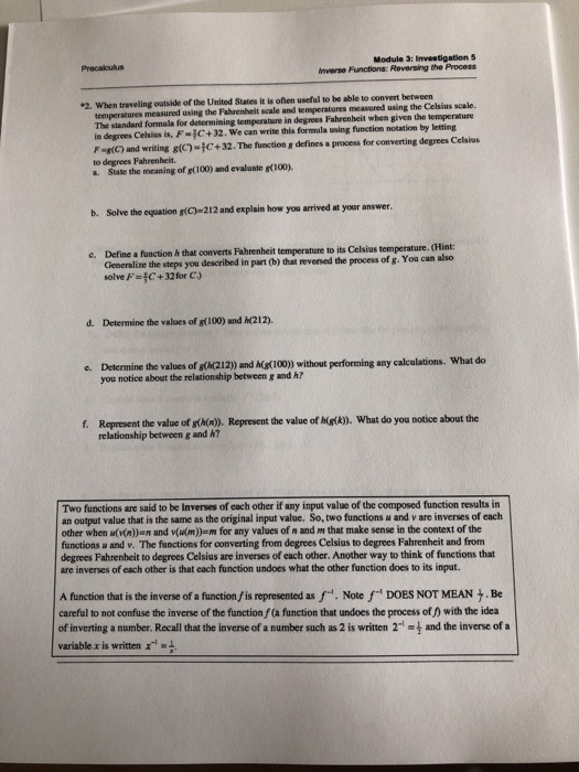 Solved Module 3: Investigation 5 inverse Functions: | Chegg.com
