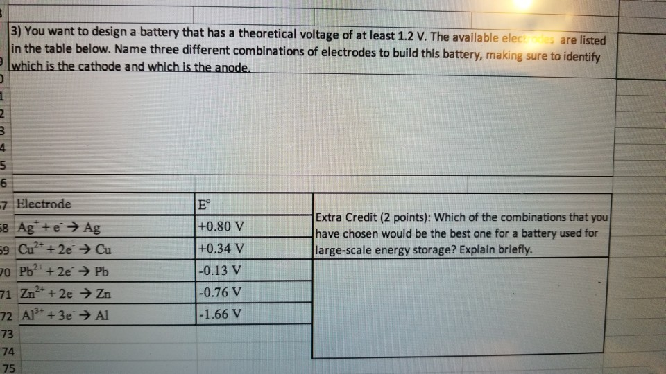 Solved 3) You want to design a battery that has a | Chegg.com