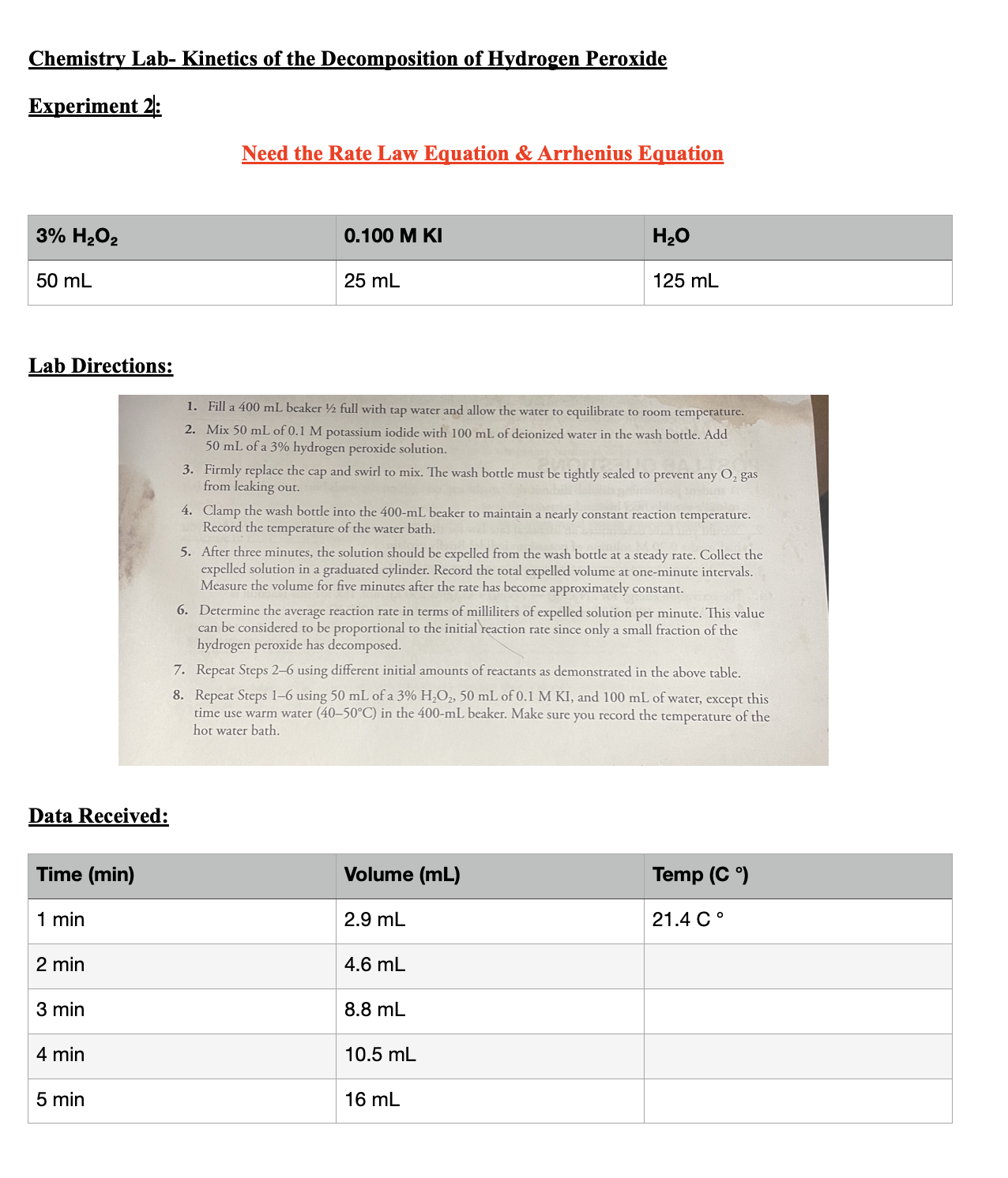 Solved Chemistry Lab- Kinetics of the Decomposition of | Chegg.com