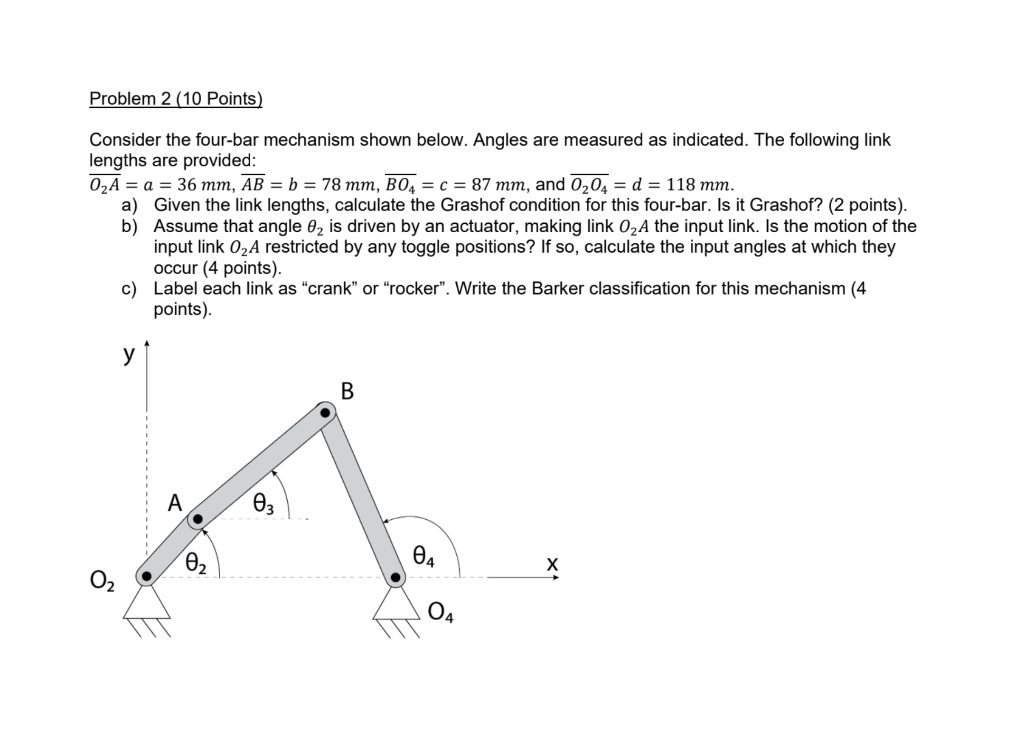 Solved Problem 2 (10 Points) Consider the four-bar mechanism | Chegg.com