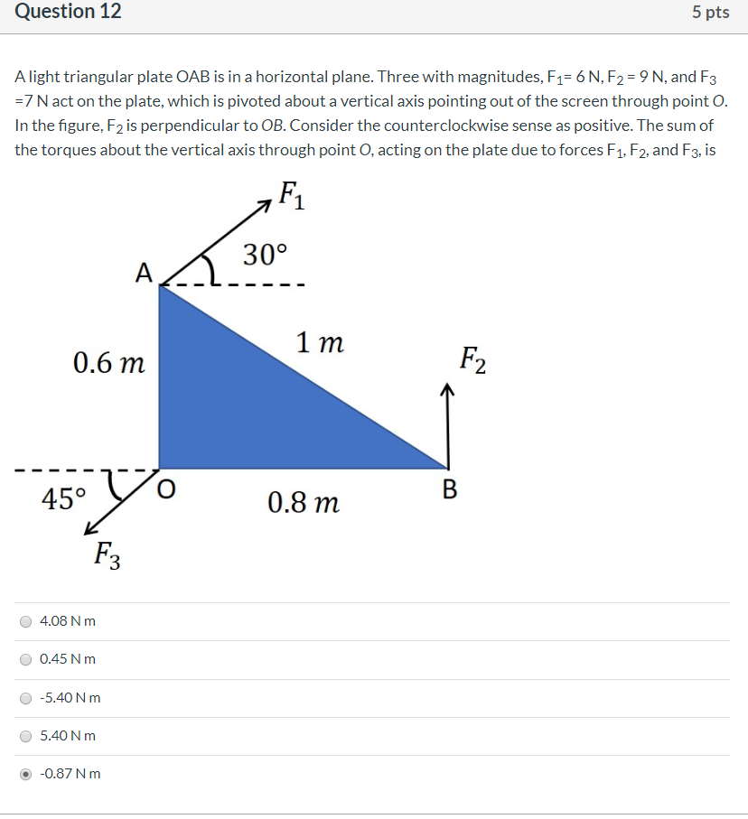 Solved Question 12 5 pts A light triangular plate OAB is in | Chegg.com