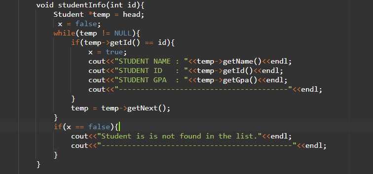 Solved void studentInfo(int id) { Student *temp head; x = | Chegg.com