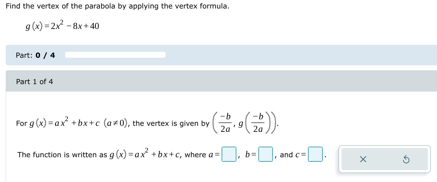 Solved Find the vertex of the parabola by applying the | Chegg.com