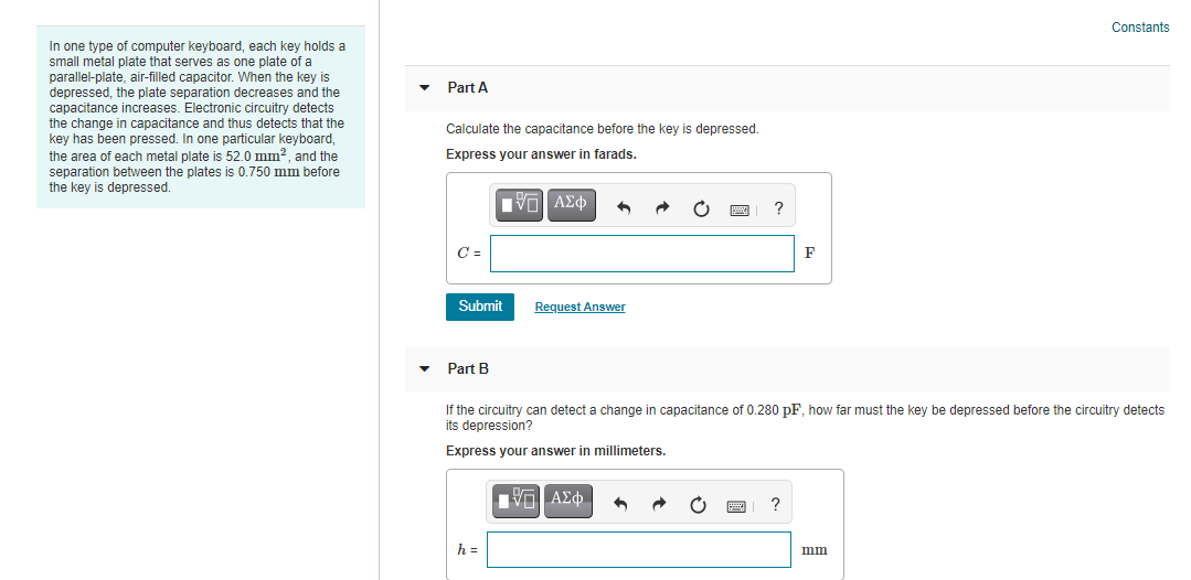 Solved Constants Part A In one type of computer keyboard, | Chegg.com