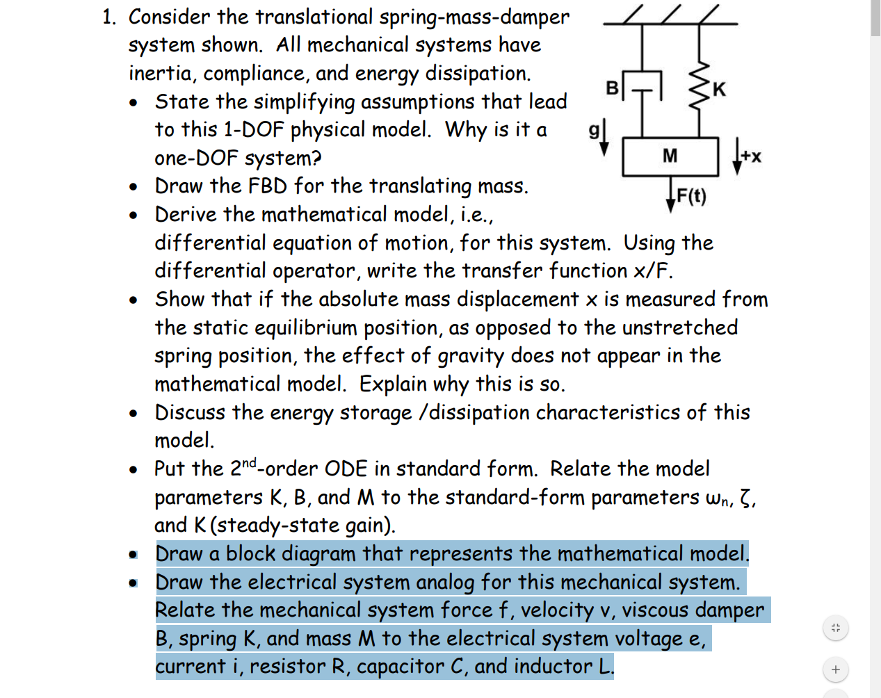 Solved . M 1. Consider the translational spring-mass-damper | Chegg.com