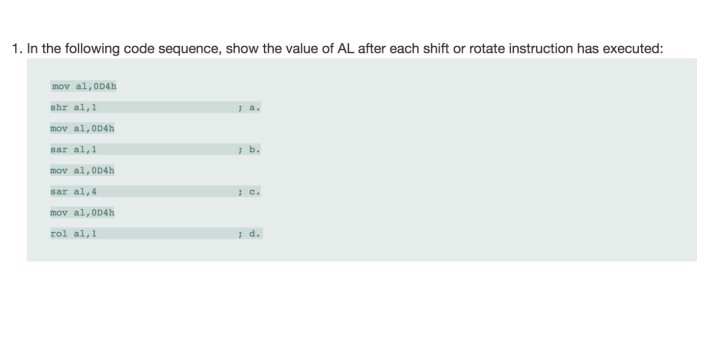 Solved 1. In the following code sequence, show the value of | Chegg.com