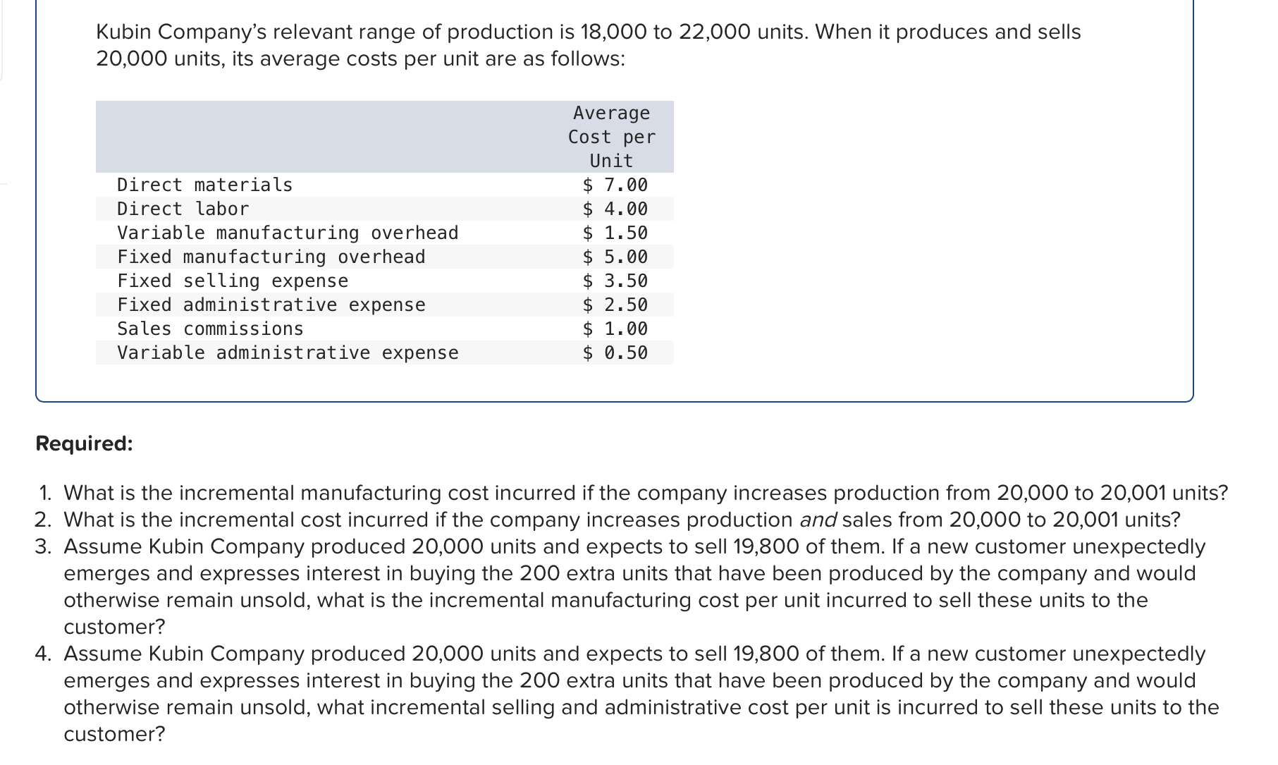 Solved Kubin Company's relevant range of production is | Chegg.com