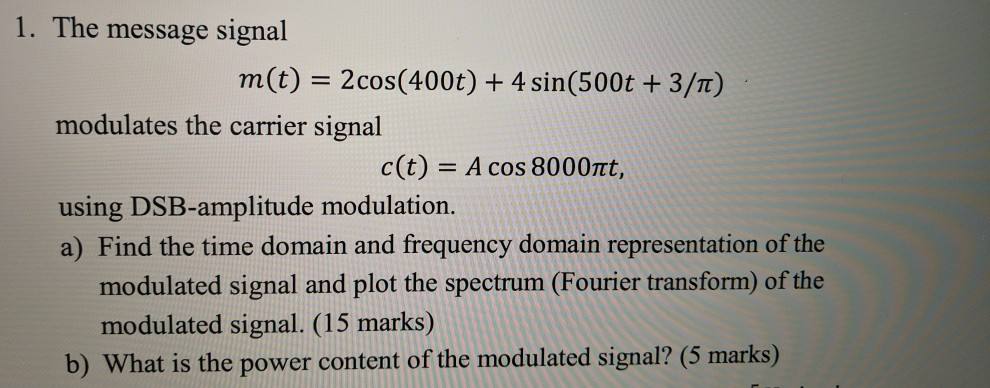 Solved 1. The message signal m(t) = 2 cos(400t) + 4 sin(500t | Chegg.com