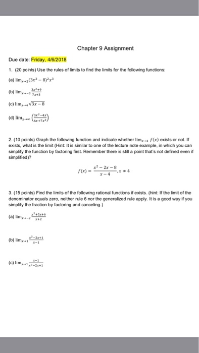 Solved Chapter 9 Assignment Due date: Friday, 4/6/2018 1. | Chegg.com