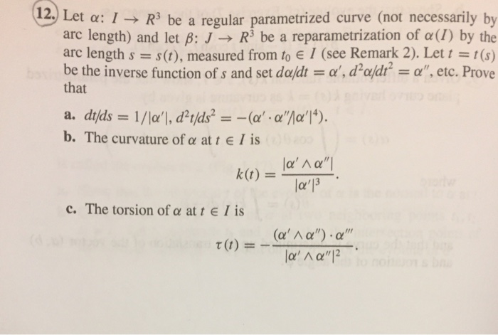Solved 12) Let α: 1 → R3 be a regular parametrized curve | Chegg.com