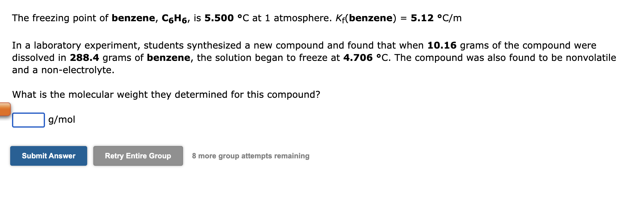 Solved The freezing point of benzene, C6H6, is 5.500∘C at 1 | Chegg.com