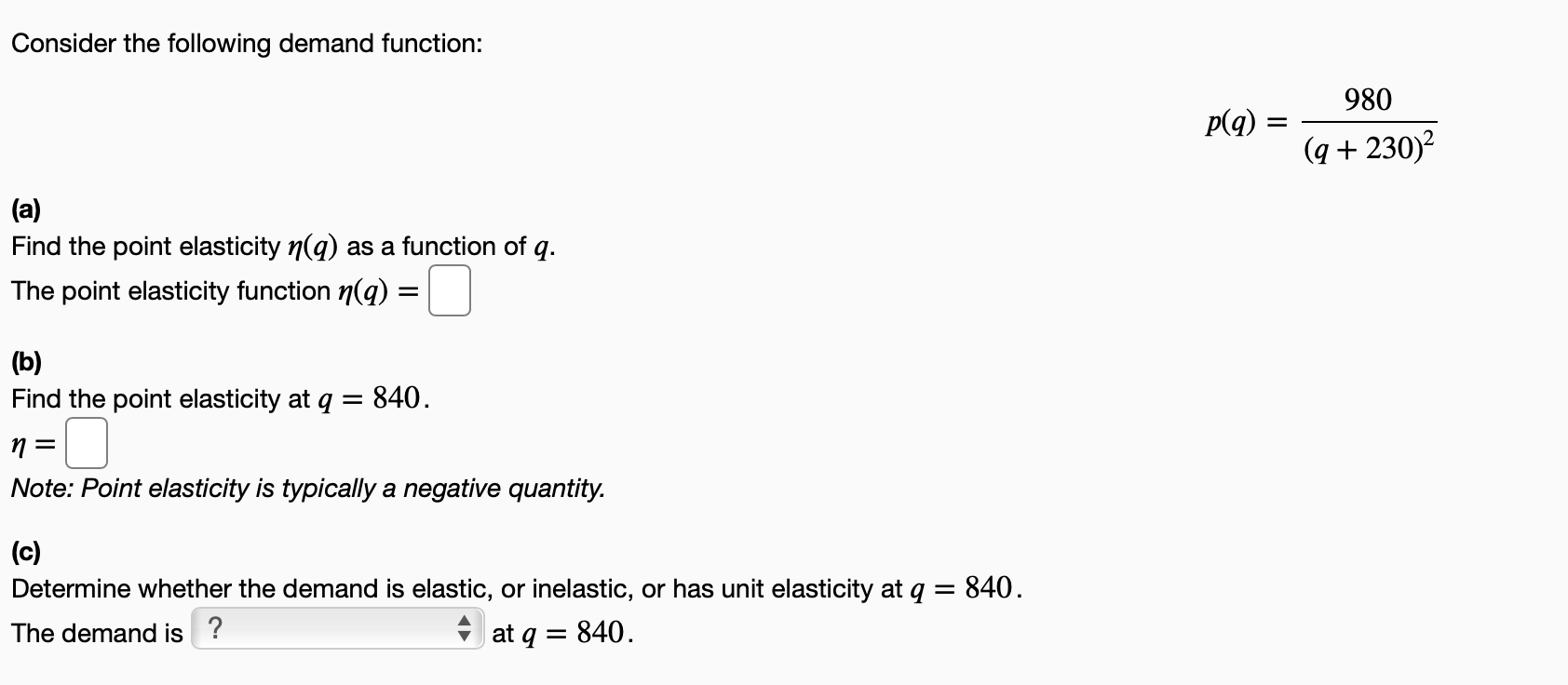 Solved Consider the following demand function: p(q) 980 (q + | Chegg.com