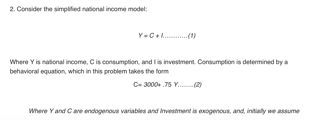 Solved 2. Consider the simplified national income model: Y = | Chegg.com