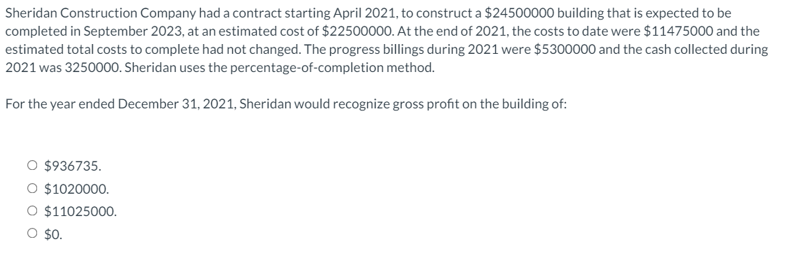 Solved Sheridan Construction Company had a contract starting | Chegg.com