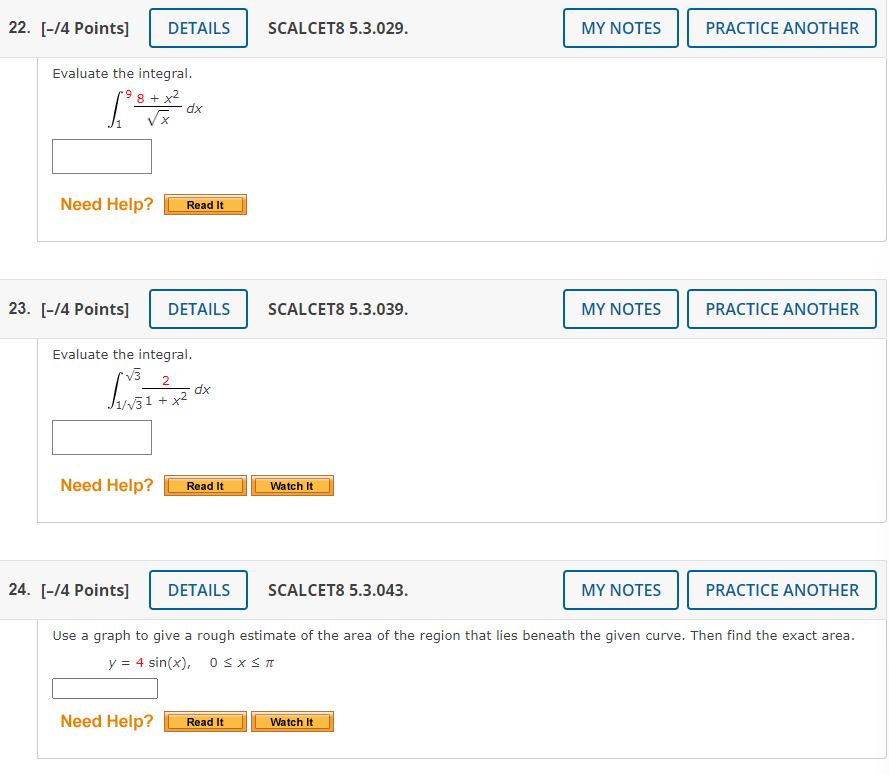 Solved [-/4 Points] SCALCET8 5.3.029. Evaluate the | Chegg.com