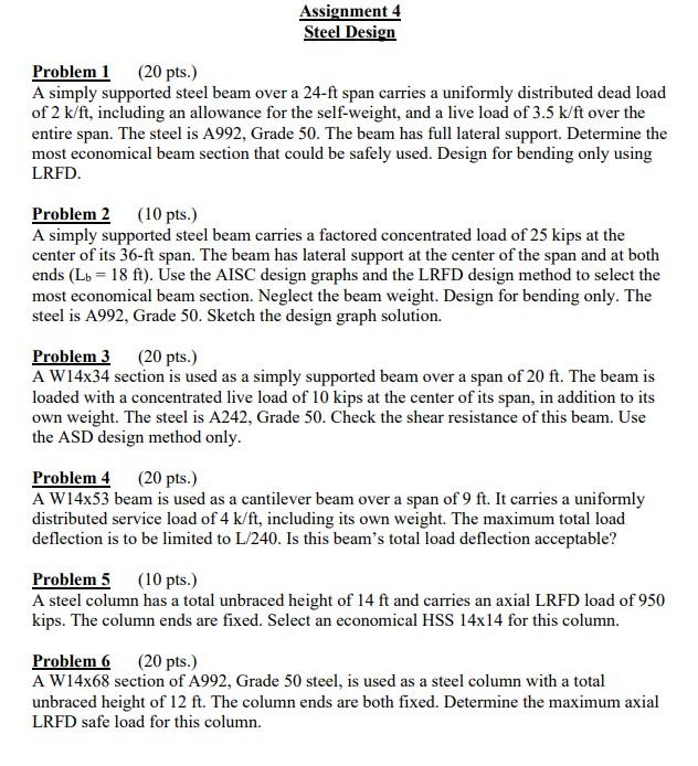 Solved Assignment 4 Steel Design Problem 1 (20 pts.) A | Chegg.com