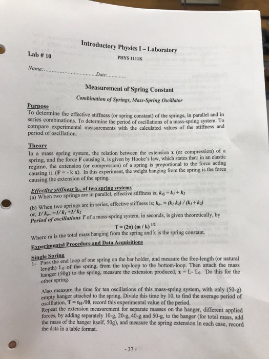 Solved Introductory Physics I - Laboratory Lab # 10 PHYS | Chegg.com