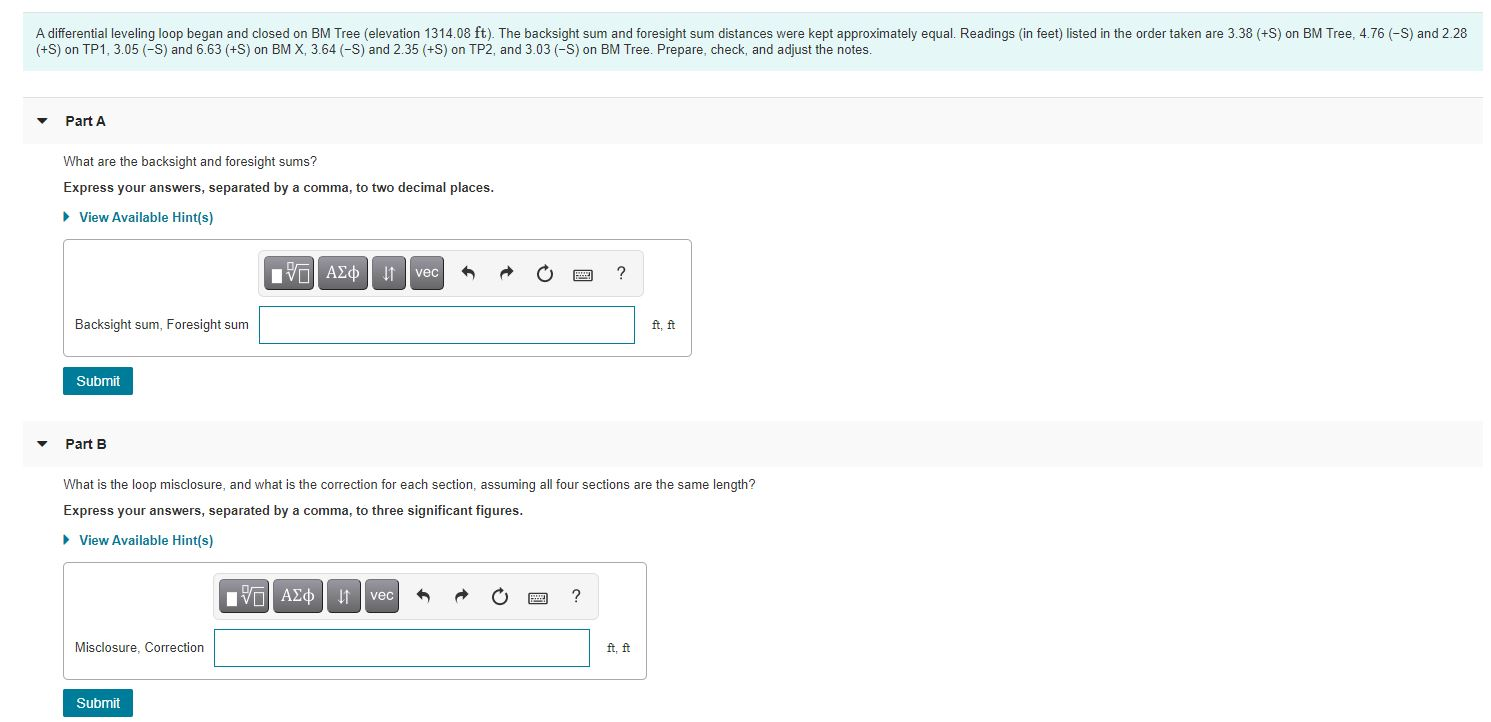 Solved A differential leveling loop began and closed on BM | Chegg.com