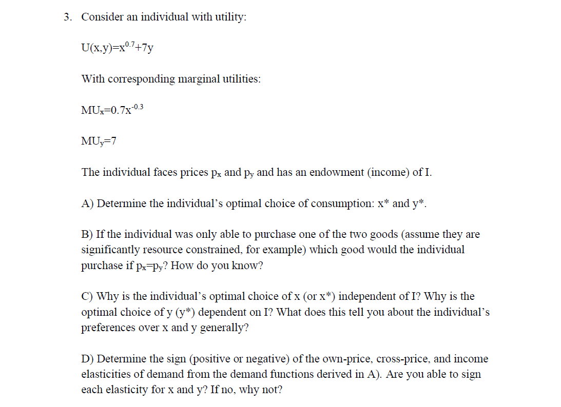 3. Consider an individual with utility: | Chegg.com