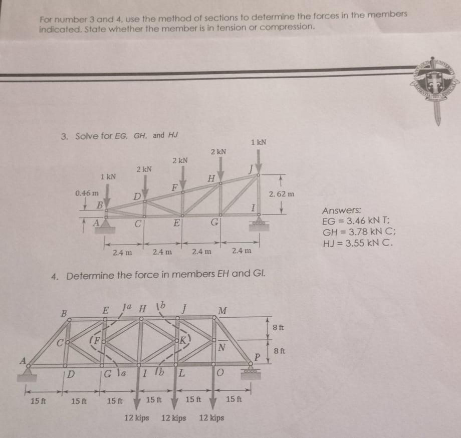 Solved For number 3 and 4, use the method of sections to | Chegg.com