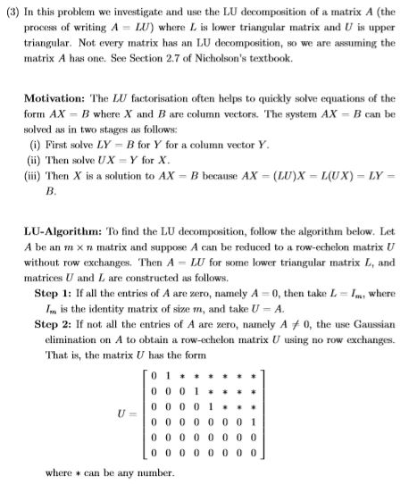 Solved (3) In this problem we investigate and use the LU | Chegg.com
