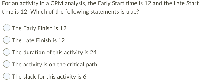Solved For an activity in a CPM analysis, the Early Start | Chegg.com