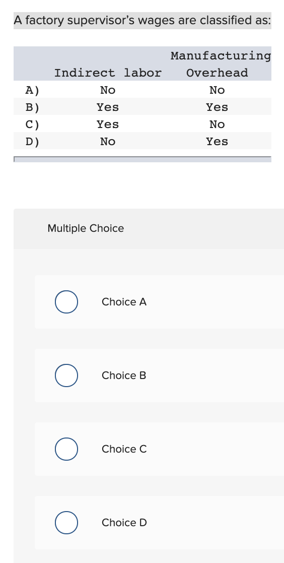 Solved A factory supervisor's wages are classified as: A) B) | Chegg.com