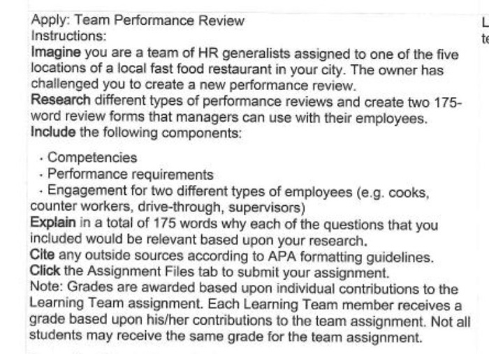 Solved Apply: Team Performance Review Instructions: Imagine | Chegg.com
