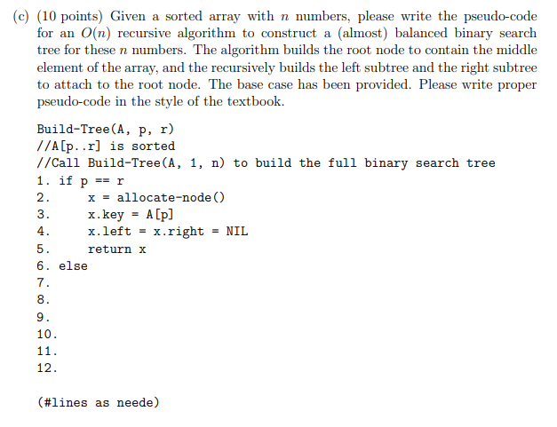 Solved (c) (10 points) Given a sorted array with n numbers, | Chegg.com