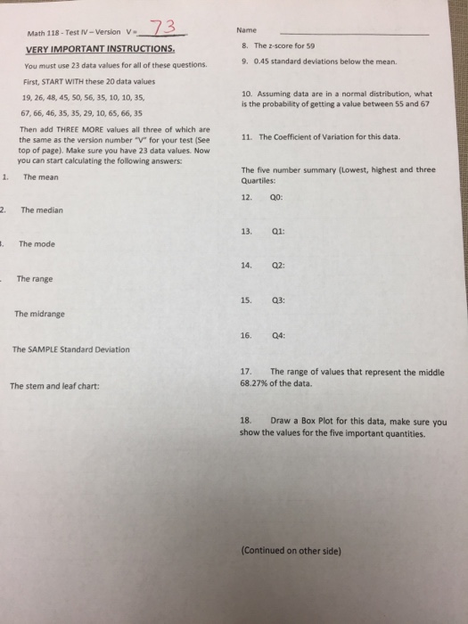 Solved Math 118 Test V-Version V 8. The z-score for 59 VERY | Chegg.com