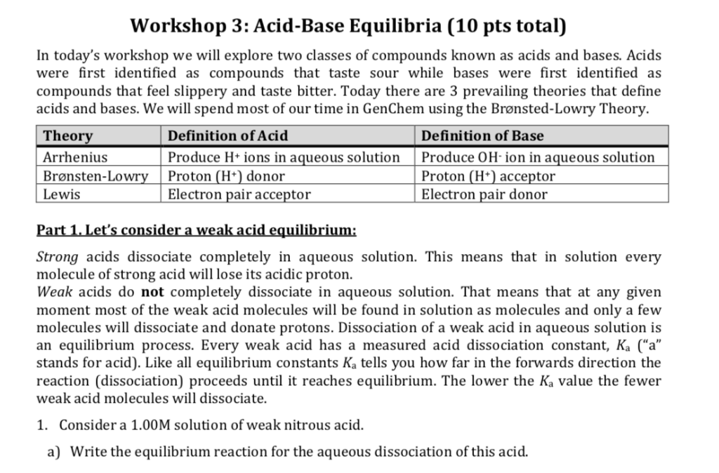 Solved Workshop 3: Acid-Base Equilibria (10 pts total) In | Chegg.com