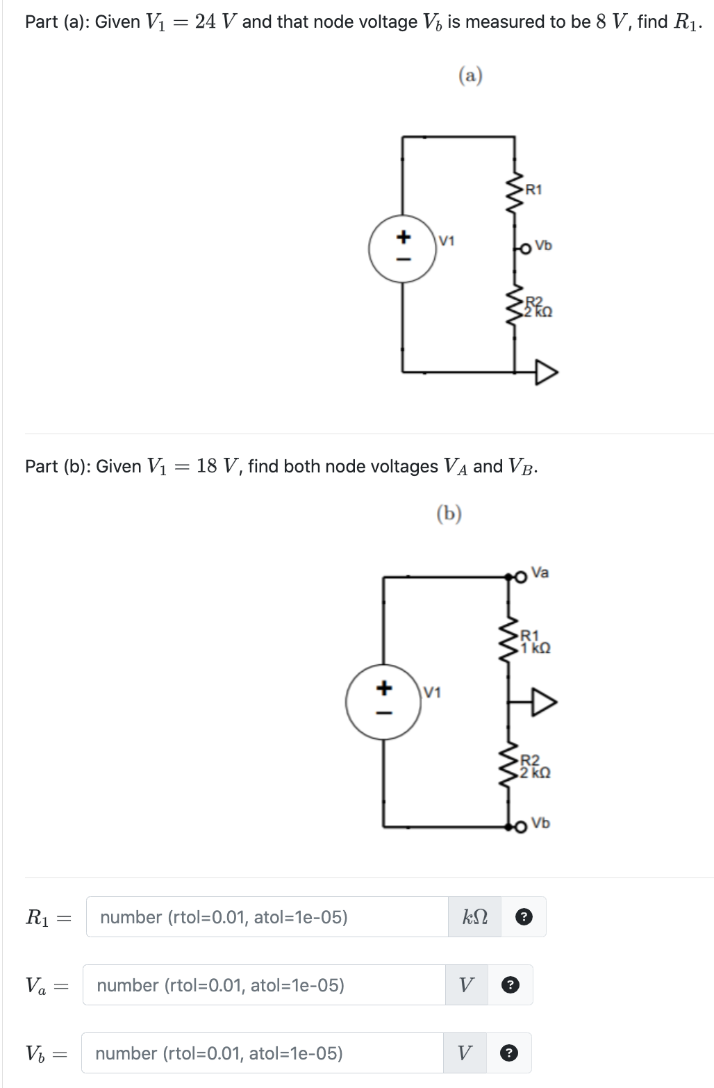 Solved Part (a): Given V1=24 V and that node voltage Vb is | Chegg.com