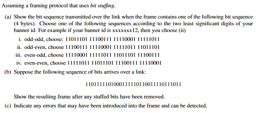 Assuming a framing protocol that uses bit stuffing. | Chegg.com