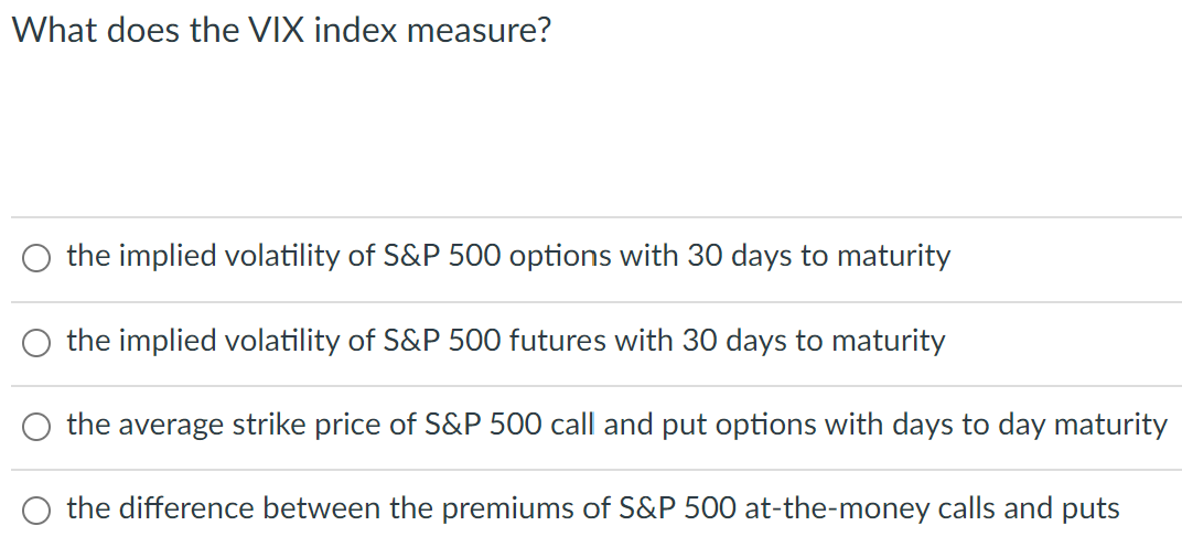 Solved What does the VIX index measure? the implied | Chegg.com