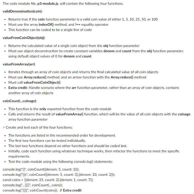 Solved The code module file, p3-module.js, will contain the | Chegg.com