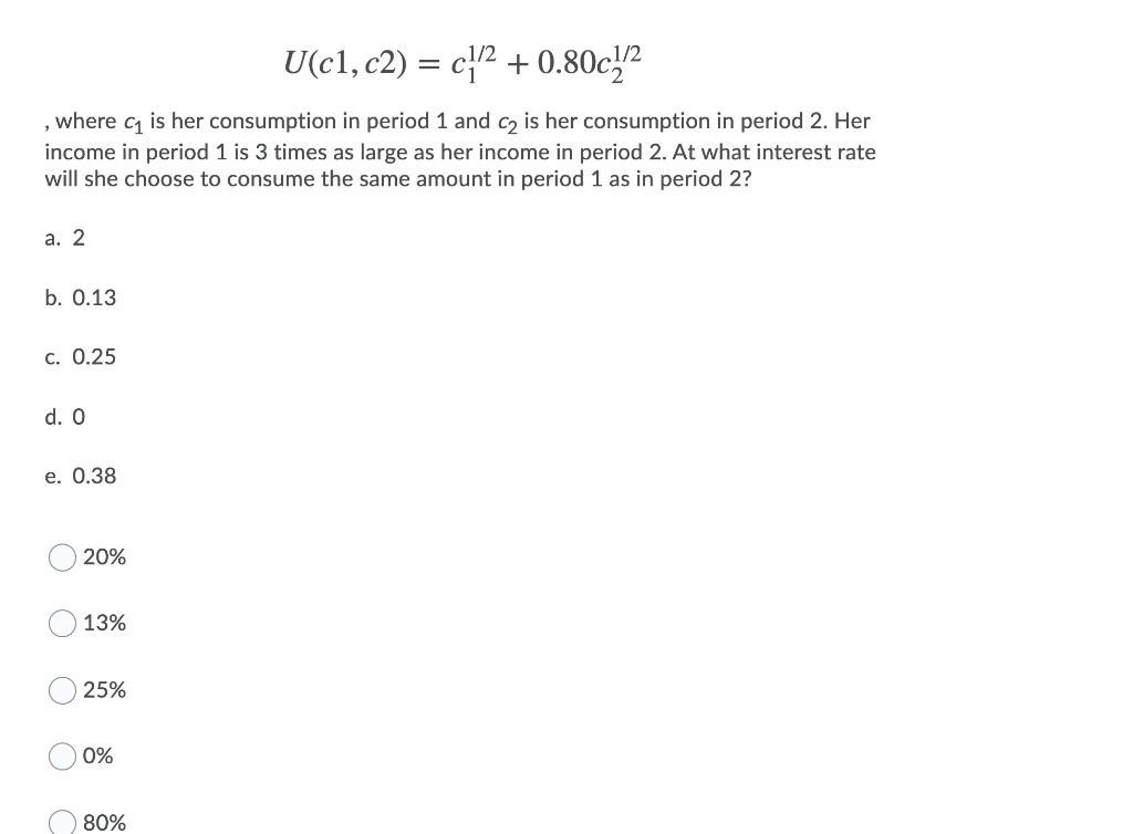 Solved U(c1, c2) = c)2 + 0.80c1/2 = , where c1 is her | Chegg.com