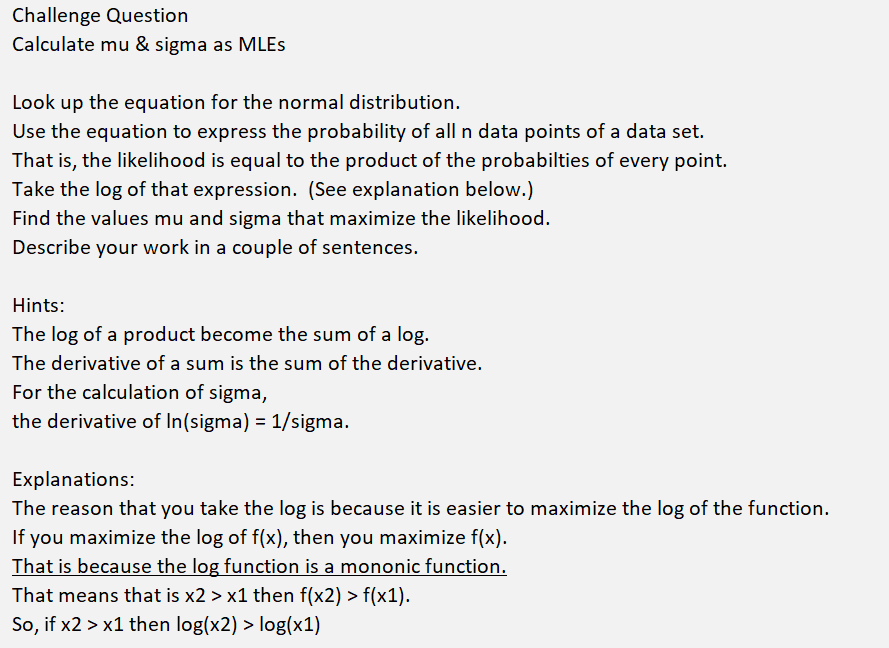 Solved Calculate mu \& sigma as MLEs Look up the equation | Chegg.com