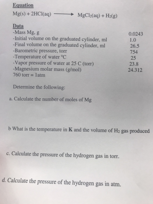 Solved Equation Mg(s) + 2HCI(aq) > MgCl2(aq) + H2(g) Data | Chegg.com