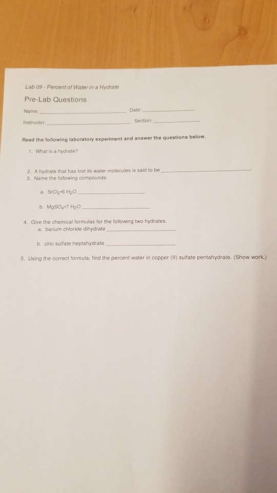 Solved Lab 09 - Percent of Water in a Hydrate Pre-Lab | Chegg.com