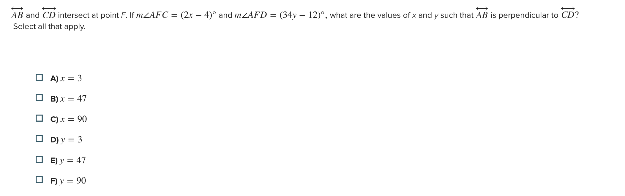 Solved AB and CD intersect at point F. If m∠AFC=(2x−4)∘ and | Chegg.com