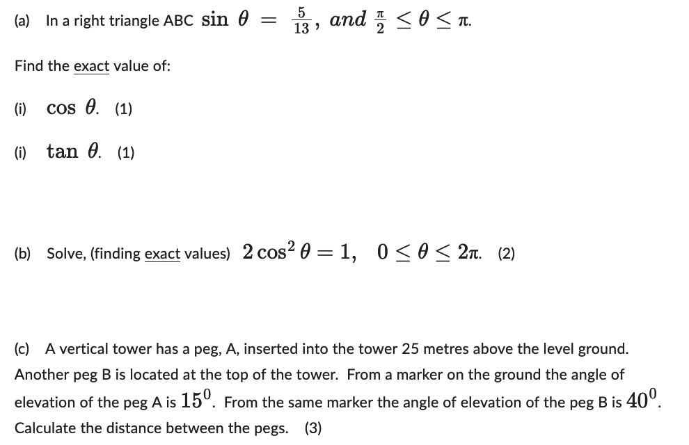 Solved (a) In a right triangle ABCsinθ=135, and 2π≤θ≤π. Find | Chegg.com