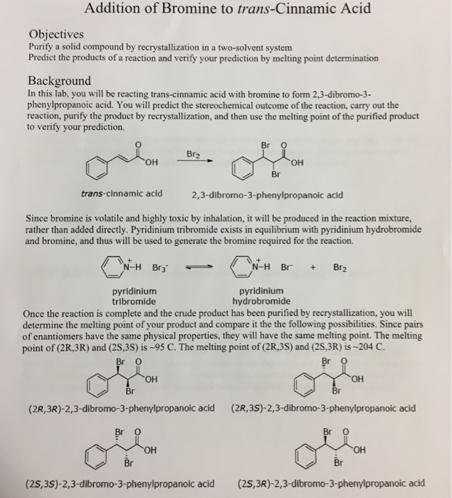 Solved Addition of Bromine to trans-Cinnamic Acid Objectives | Chegg.com