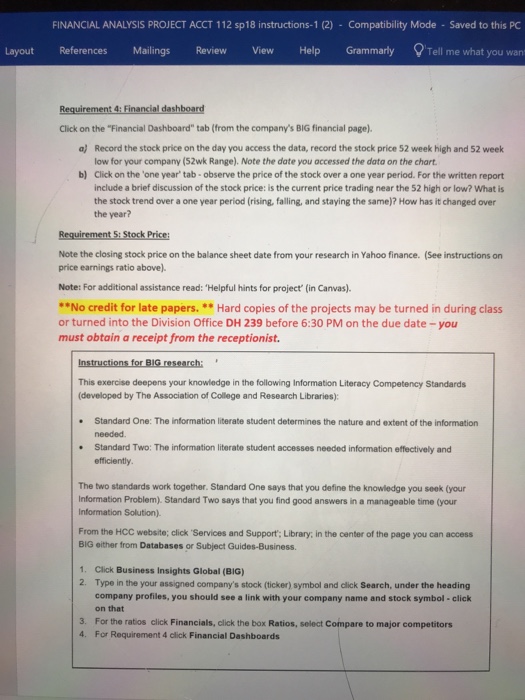 FINANCIAL ANALYSIS PROJECT ACCT 112 sp18 | Chegg.com