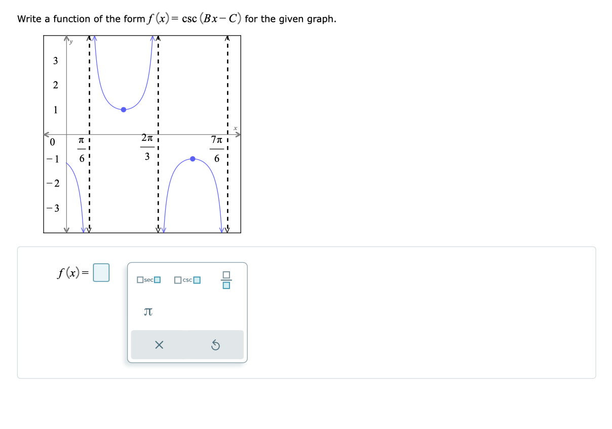 Solved Write a function of the form f(x)=csc(Bx−C) for the | Chegg.com