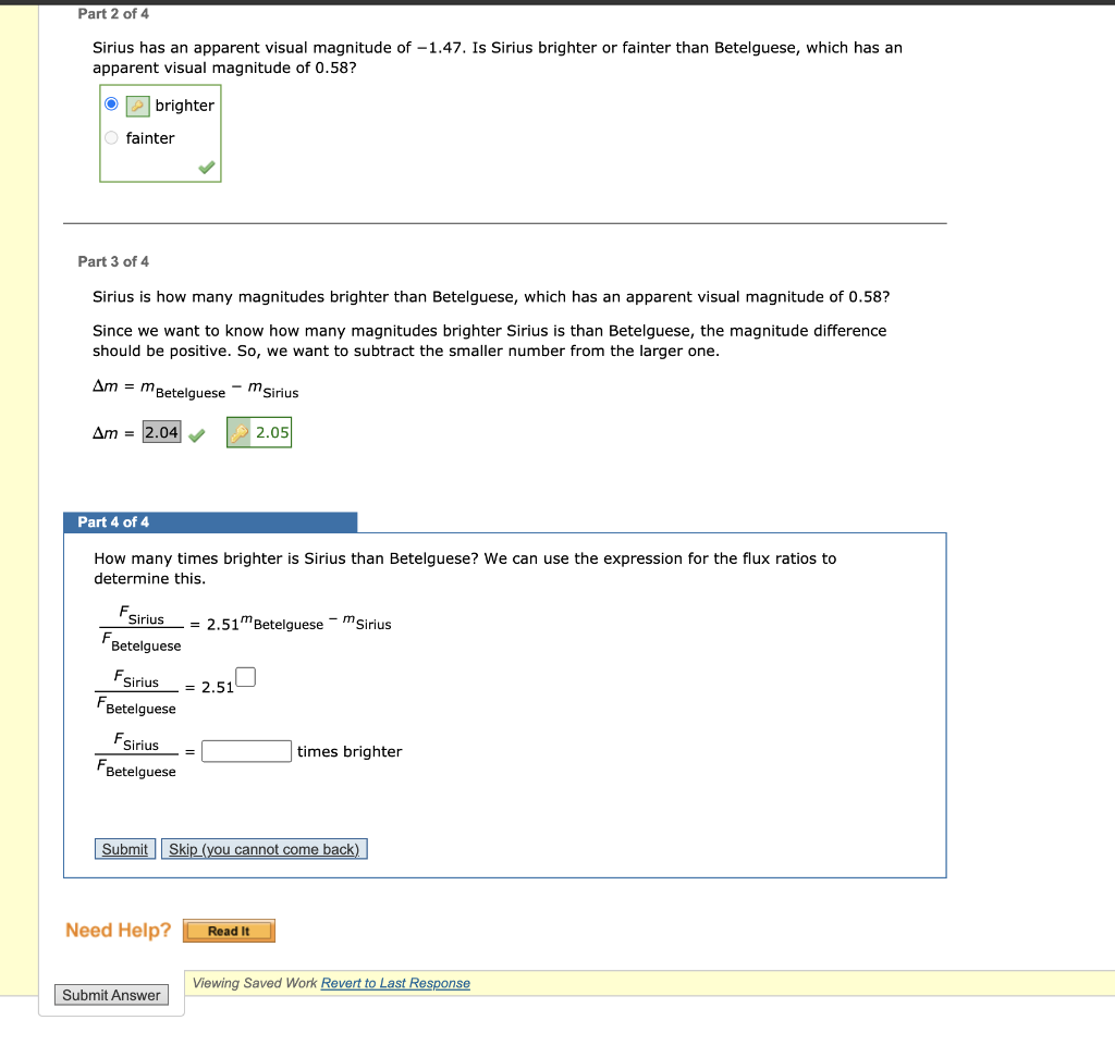 Solved Part 2 of 4 Sirius has an apparent visual magnitude | Chegg.com