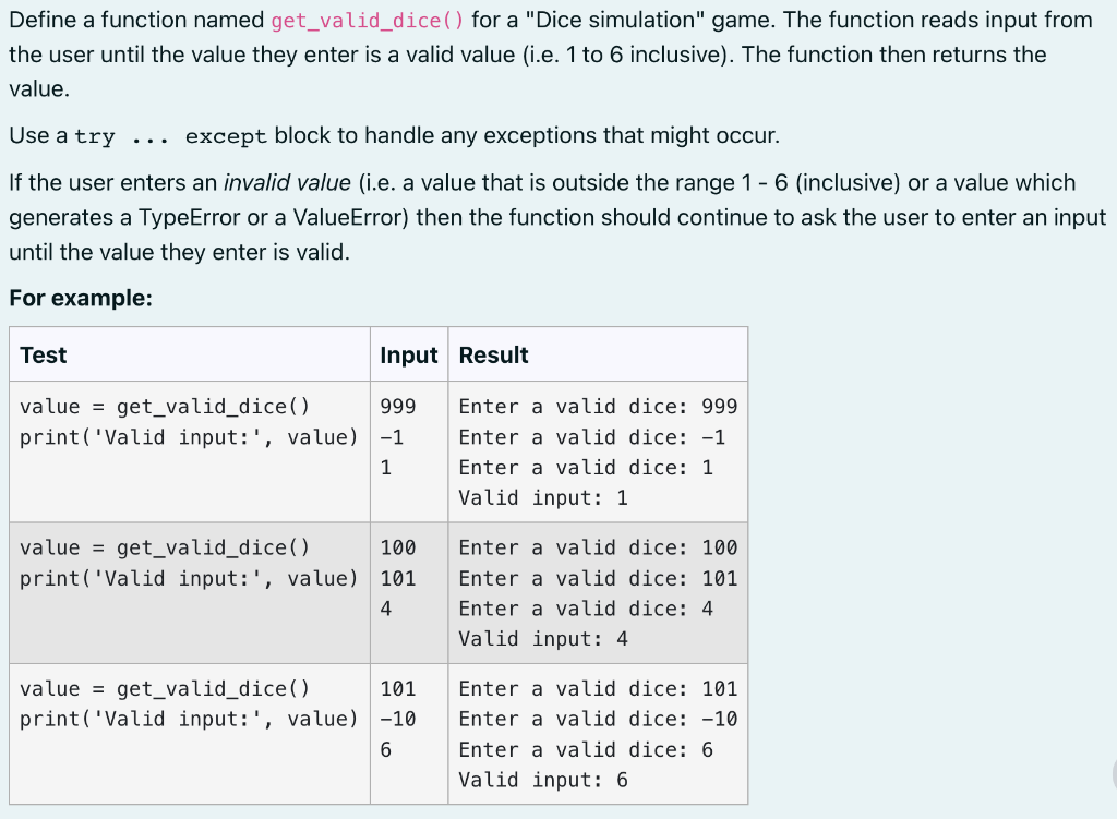 Solved Define a function named get_valid_dice () for a "Dice | Chegg.com