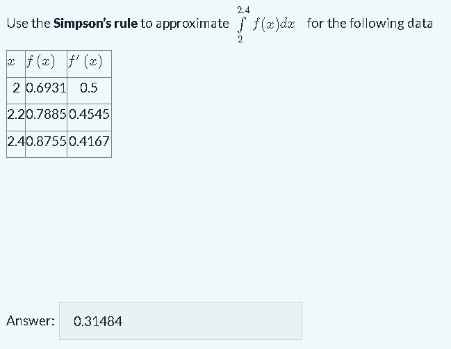 Solved Use the Simpson's rule to approximate ∫22.4f(x)dx for | Chegg.com