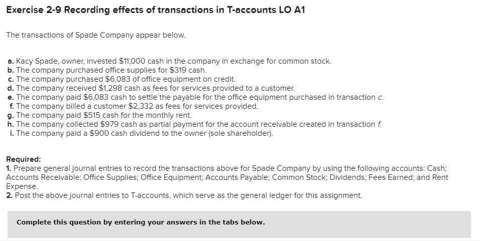 Solved Exercise 2-9 Recording effects of transactions in | Chegg.com
