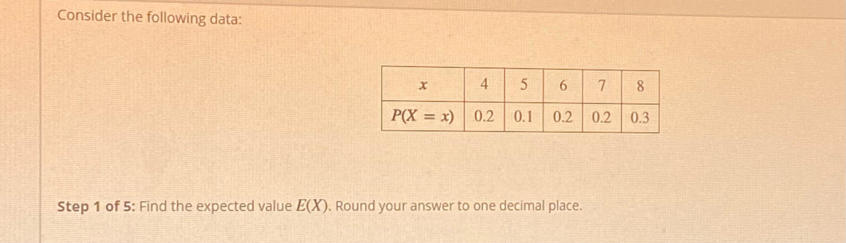Solved Consider the following data: X 4. un 5 6. 7. 8 P(X = | Chegg.com